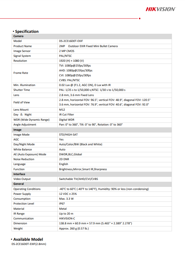 HIKVISION 2MP DS-2CE16D0T-EXIF OUTDOOR EXIR FIXED MINI BULLET CAMERA ...