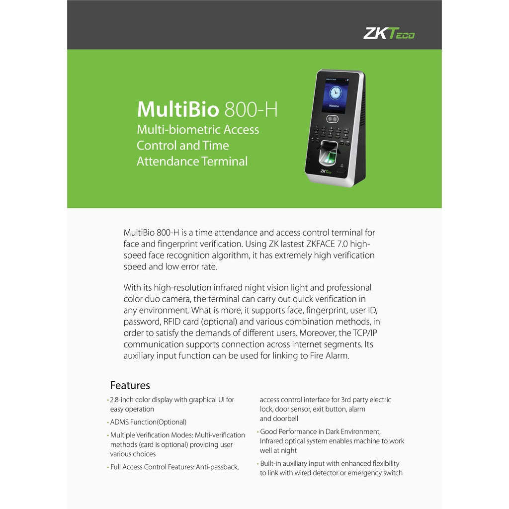 ZKTeco Multi-Bio 800-H ID Multi-Bio Fingerprint and Face Recognition D ...